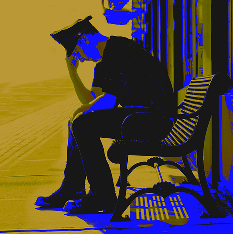 Blue Courage illustration -- officer sitting on bench